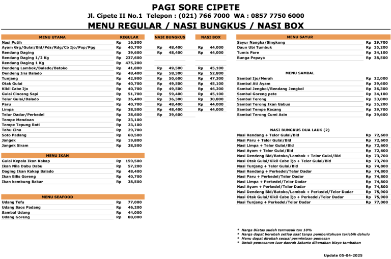 Daftar Harga Menu Pagi Sore 2025, Masakan Padang Lamak Bana - Tuwaga