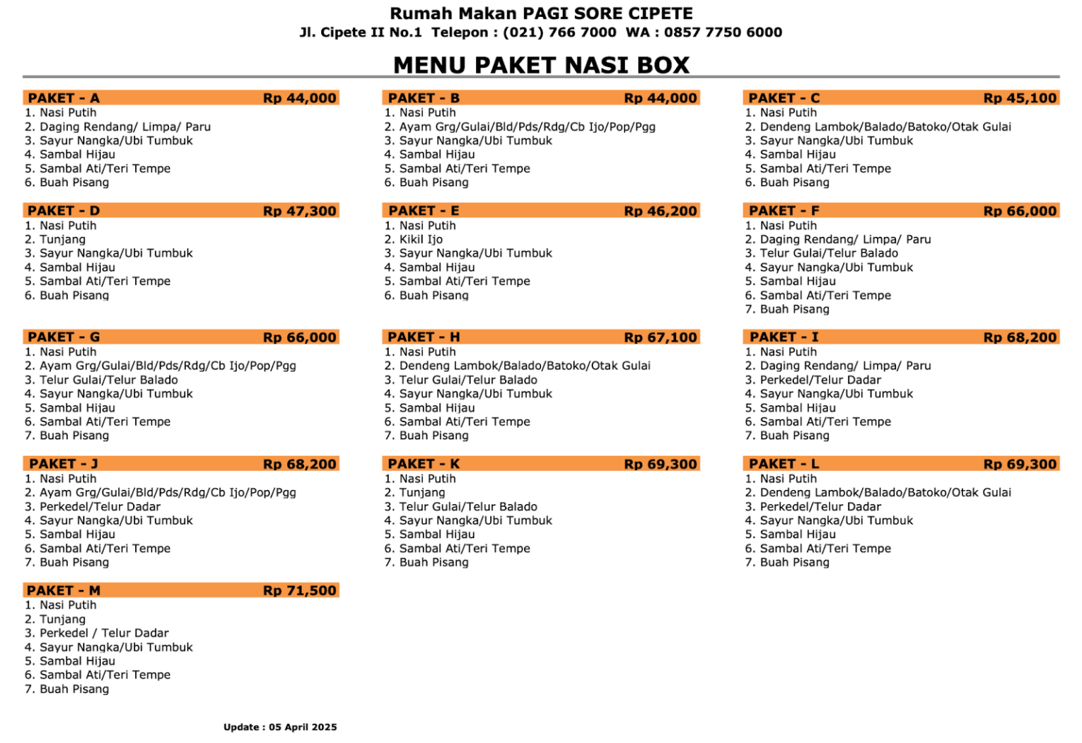 Daftar Harga Menu Pagi Sore 2025, Masakan Padang Lamak Bana - Tuwaga
